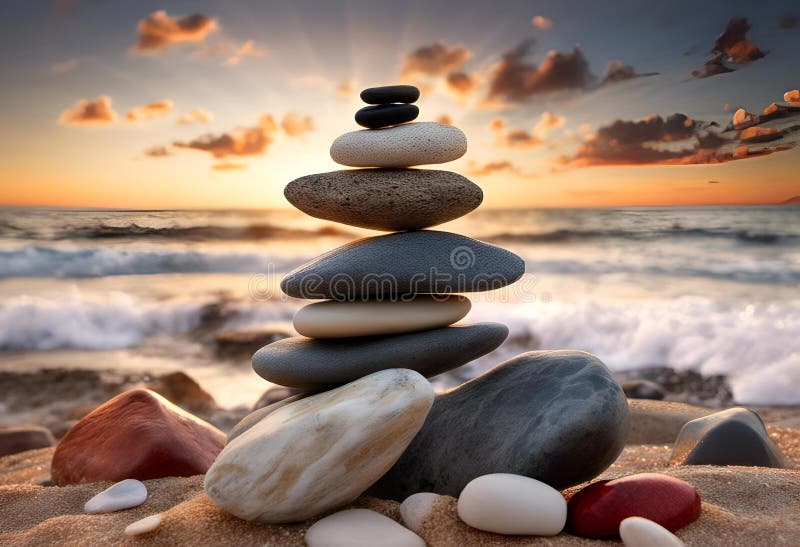 AI Generated Illustration of a Pile of Balanced Rocks with Sun and ...