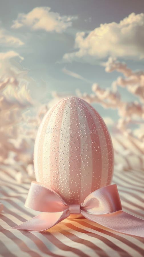 An Easter Egg with a Pink Ribbon on the Sand with Clouds in the ...