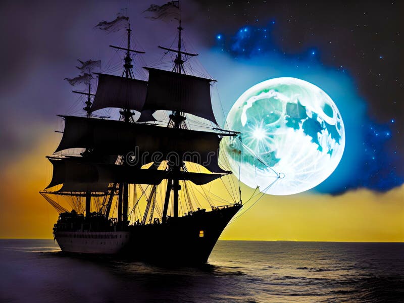 AI-Generated Illustration of a Pirate Ship Sailing in the Night Stock ...