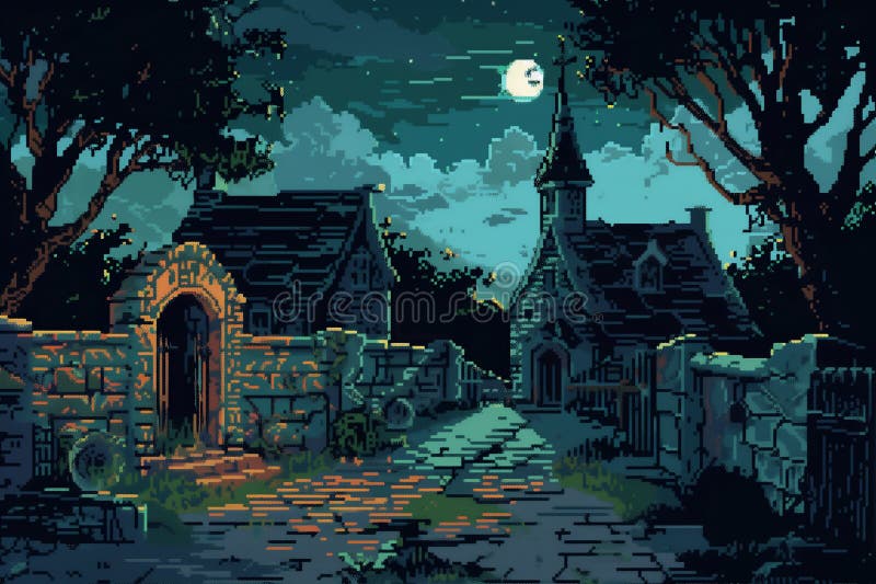 A Pixel Artwork Scene with a Graveyard in the Foreground Stock Photo ...