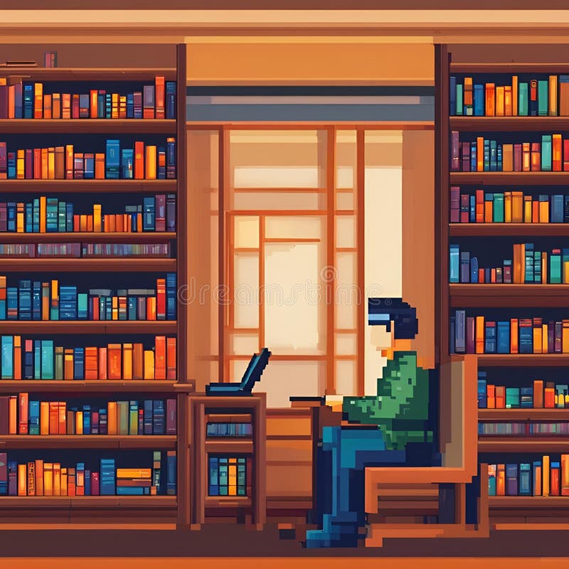 AI Generated Illustration of a Pixel Art of a Man in a Vintage Library ...