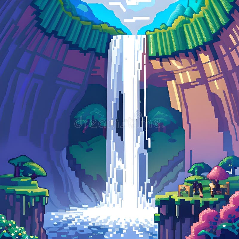 AI-generated Illustration of a Pixel Art Waterfall Surrounded by Lush ...