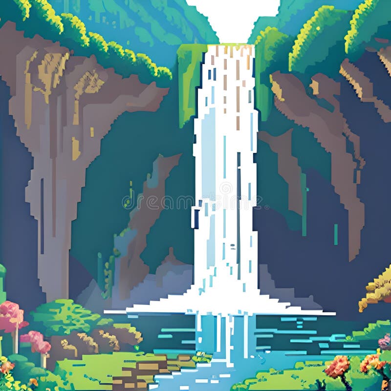 AI-generated Illustration of a Pixel Art Waterfall Surrounded by Lush ...