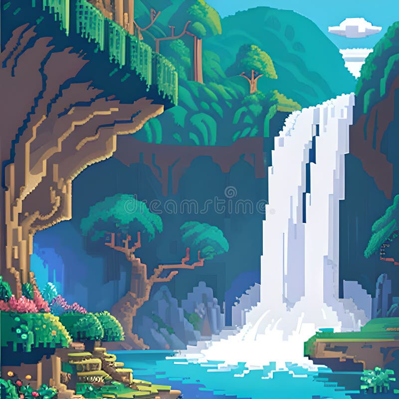 AI-generated Illustration of a Pixel Art Waterfall Surrounded by Lush ...