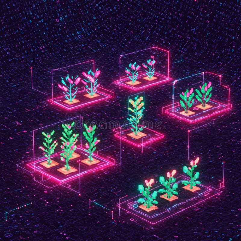 AI Generated Illustration of Pixelated Plants in Glowing Pink Plots ...