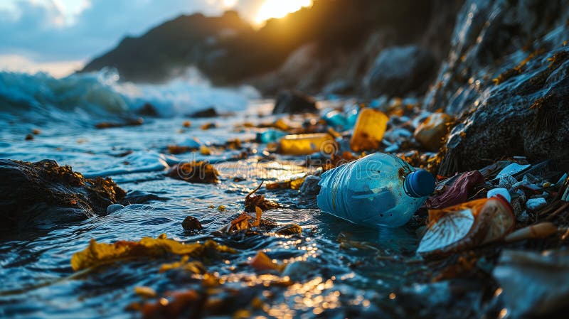 AI-generated Illustration of Plastic Debris Scattered Across the Rocky ...