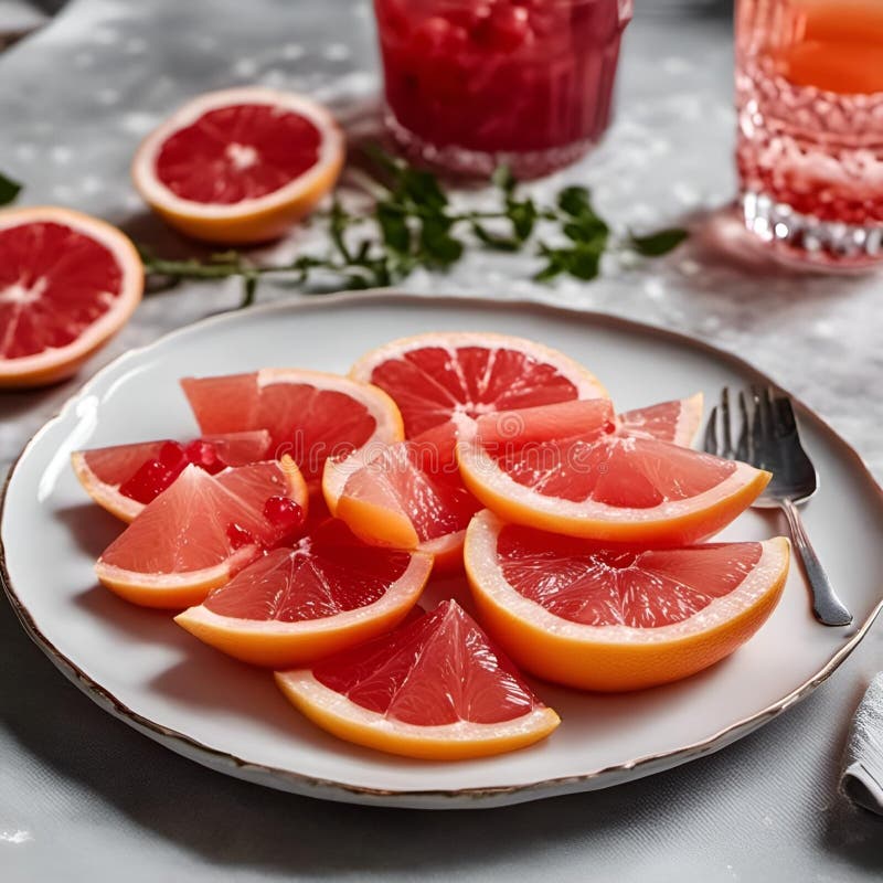 AI Generated Illustration of a Plate of Fresh Grapefruit Slices with a ...