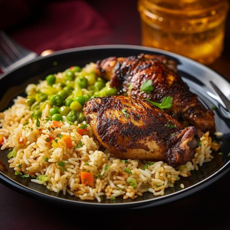 AI Generated Illustration of a Plate of Grilled Chicken and Rice on a ...