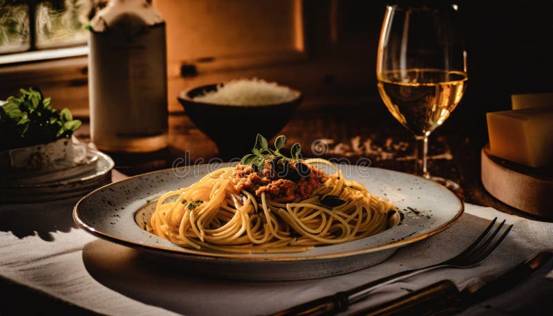 AI-generated Illustration of a Plate of Spaghetti and a Glass of White ...
