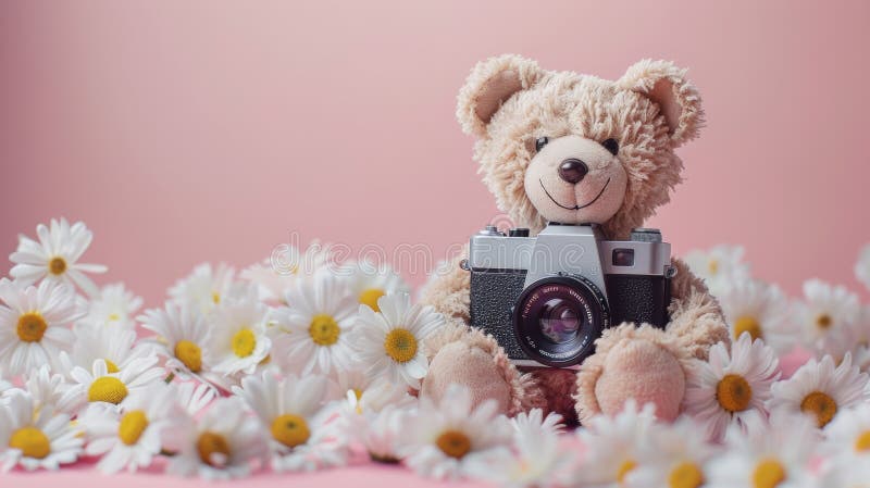 AI Generated Illustration of a Plush Bear with Camera and Daisies, Set ...