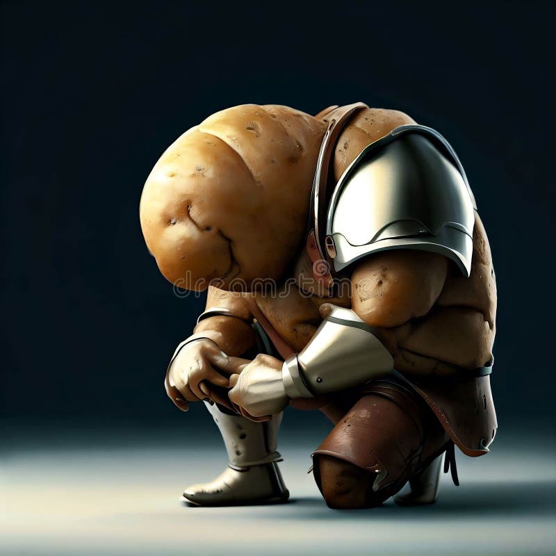 AI Generated Illustration of a Potato in a Warrior Armor Bending Down ...