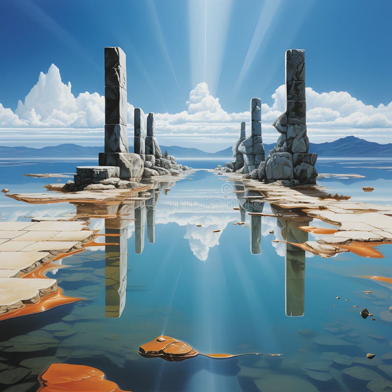 AI Generated Illustration of a Puddle Lined with Stone Pillars Stock ...