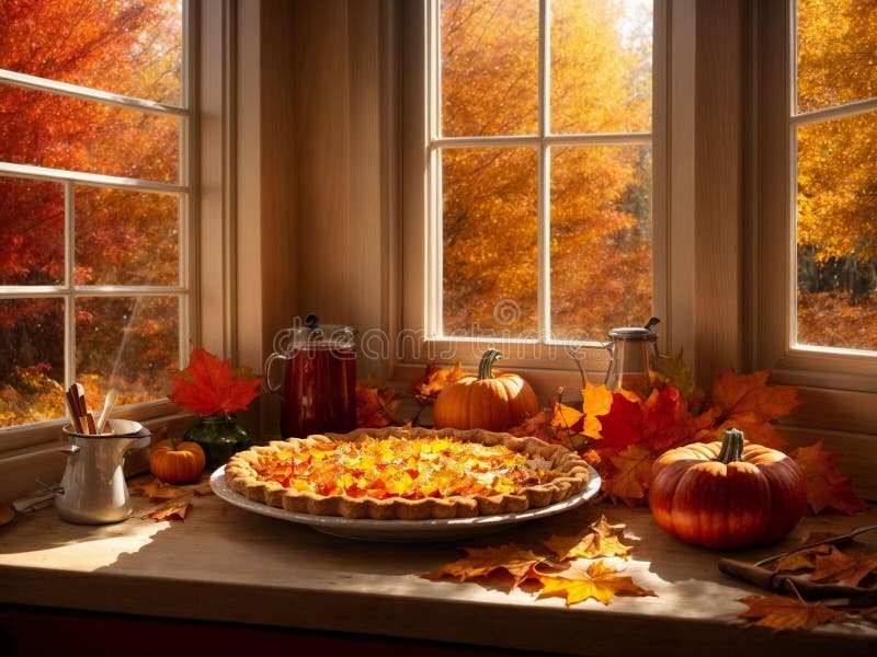 AI Generated Illustration of a Pumpkin Pie on a Table on a Window Sill ...