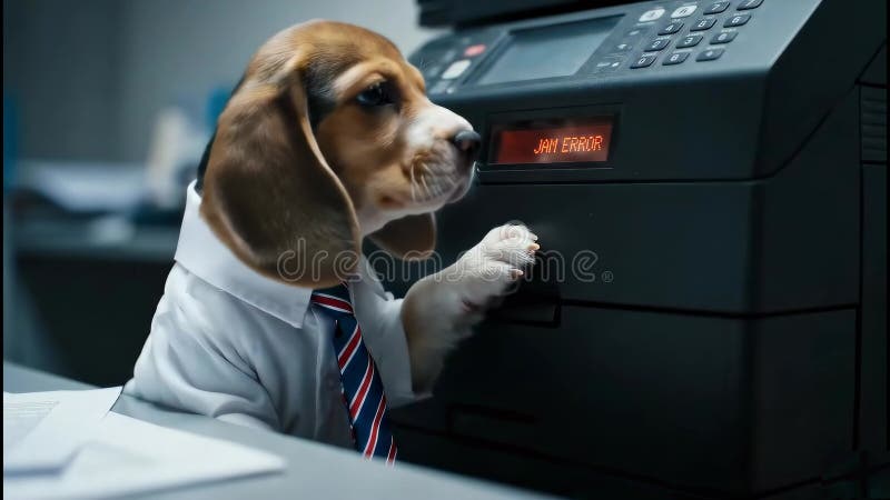 AI-generated Illustration of a Puppy in a Tie Fixing a Printer Displaying a Paper Jam Error ...