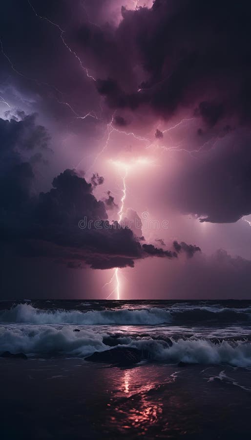 AI Generated Illustration of Purple Lightning Illuminates the Beach at ...