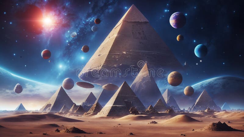 AI Generated Illustration of Pyramids Under the Planets in the Sky ...