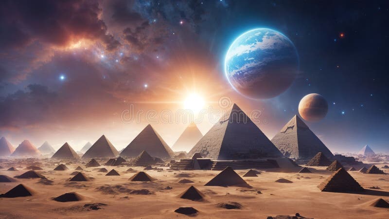 AI Generated Illustration of Pyramids Under the Planets in the Sky ...