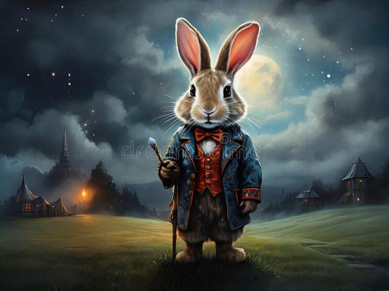AI Generated Illustration of a Rabbit in a Moonlit Field at Night Stock ...
