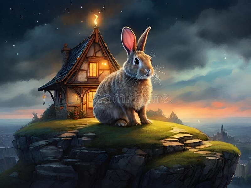 AI Generated Illustration of a Rabbit at Night Near Hilltop House Stock ...