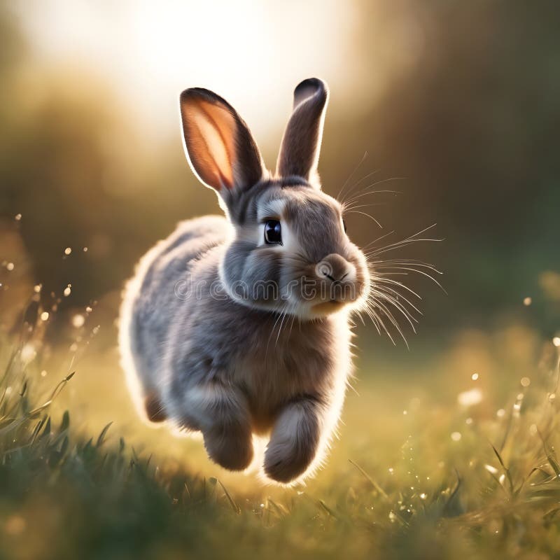 AI Generated Illustration of a Rabbit Running through Dew-covered Grass ...