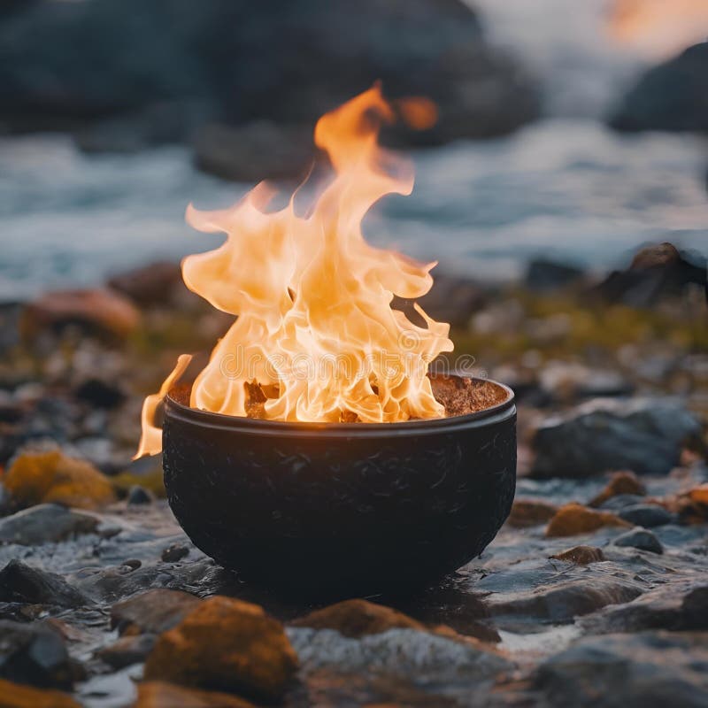 AI Generated Illustration of a Raging Bonfire on a Rocky Shoreline ...