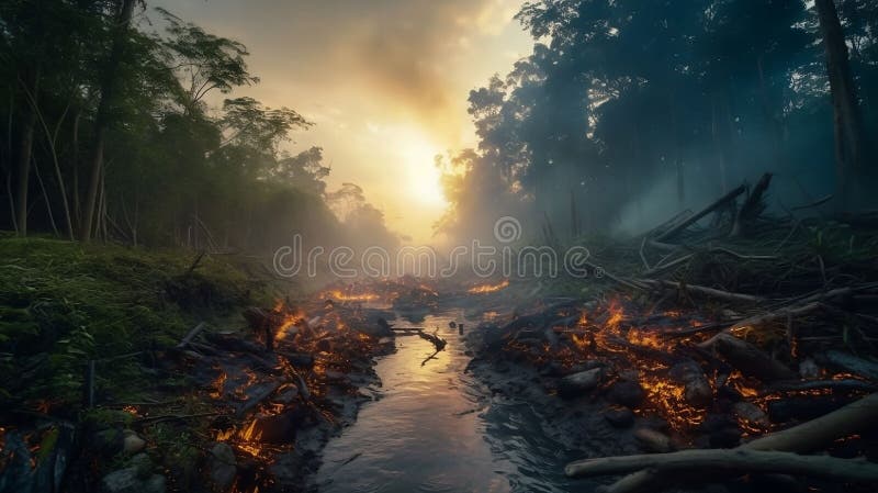 AI Generated Illustration of a Raging Fire Consuming a Forest Next To a ...