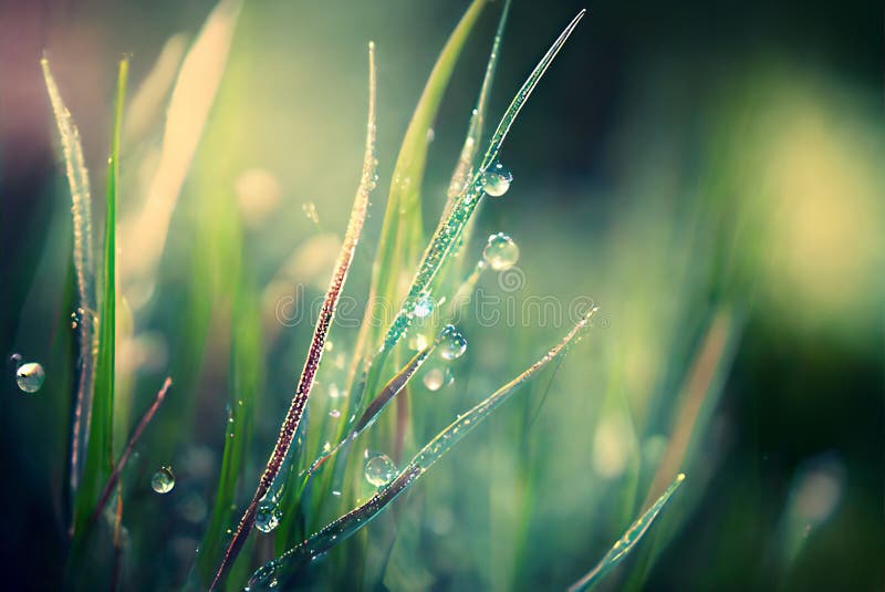 AI Generated Illustration of Raindrops on Green Grass Stock ...