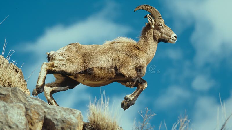 AI Generated Illustration of a Ram Jumping from a Rocky Cliff with Blue ...