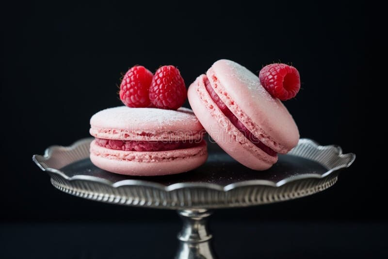 AI Generated Illustration of Raspberry Macarons on Dark Backdrop Stock ...