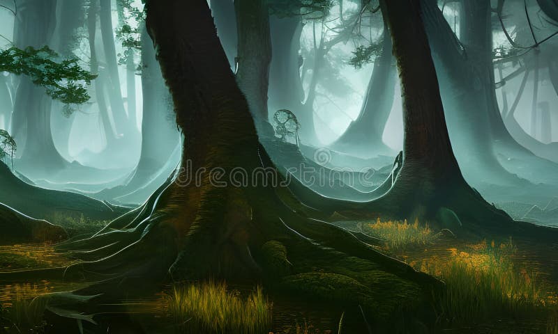 AI Generated Illustration of Realistic Forest Landscape with Huge Trees ...