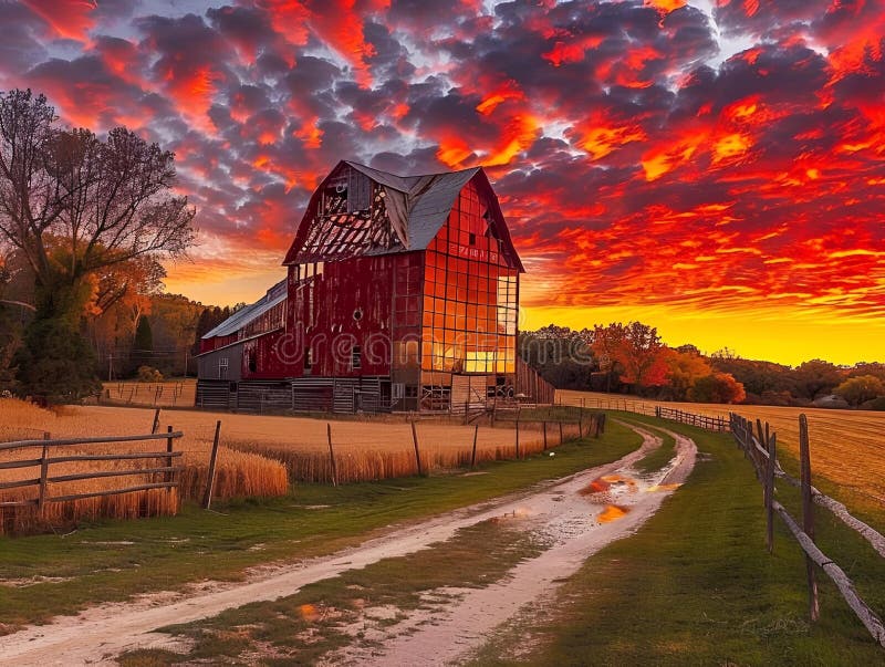 AI-generated Illustration of Red Barn at Sunset on Roadside Stock ...