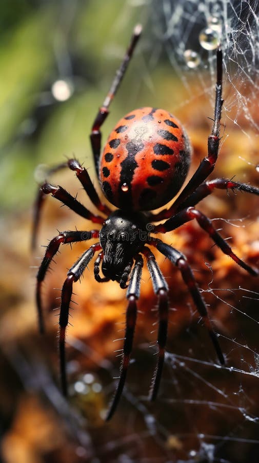 A Red and Black Spider in it S Web with Water Droplets Stock ...