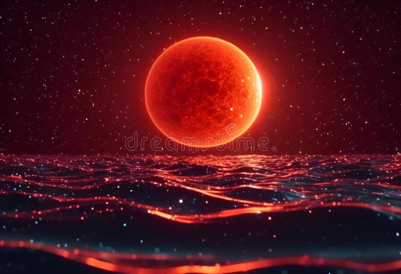 AI Generated Illustration of a Red Blood Moon Reflecting on the Water S ...