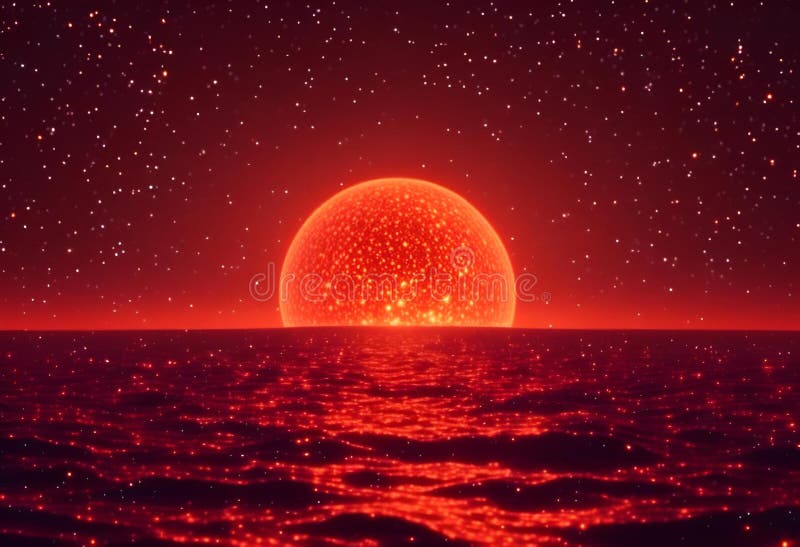 AI Generated Illustration of a Red Blood Moon Reflecting on the Water S ...