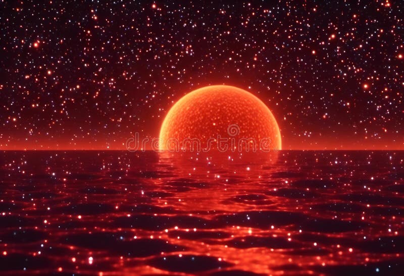 AI Generated Illustration of a Red Blood Moon Reflecting on the Water S ...
