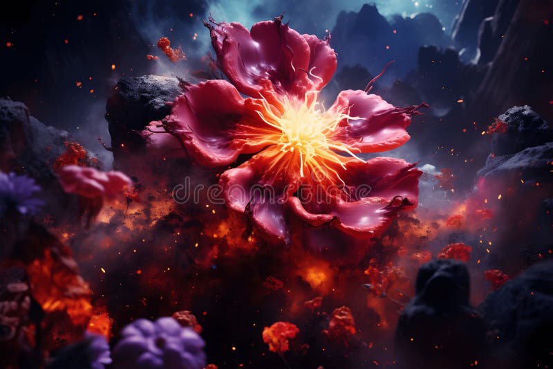 A Red Flower Exploding from an Explosion in a Black Room Stock ...