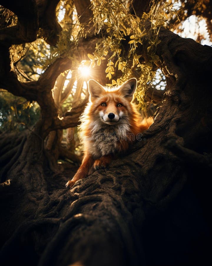 AI Generated Illustration of a Red Fox Perched on an Oak Tree Stock ...
