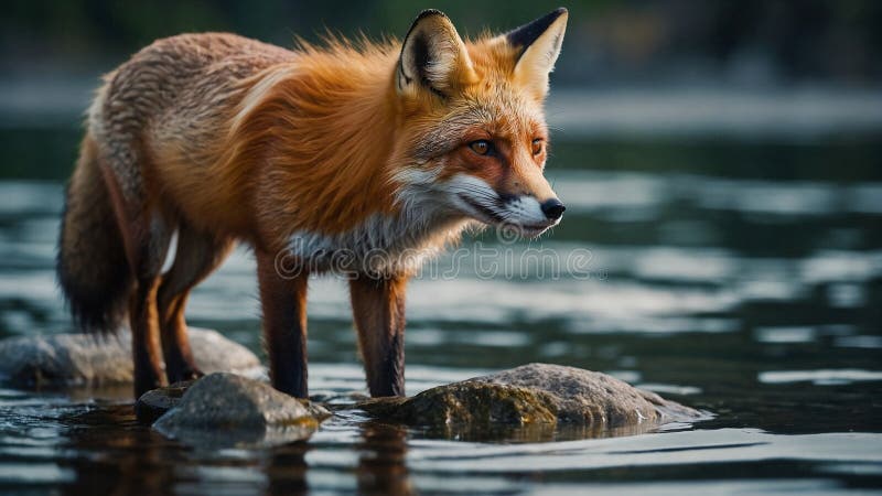 AI Generated Illustration of a Red Fox on Rocks in a River Stock Photo ...