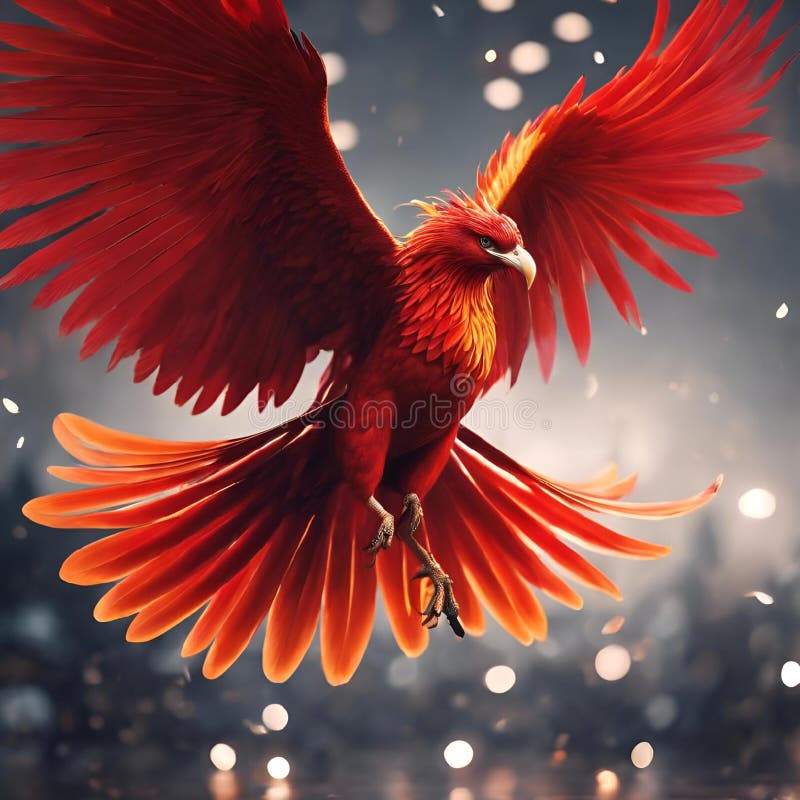 AI-generated Illustration of a Red Phoenix with Wings Spread Flying in ...