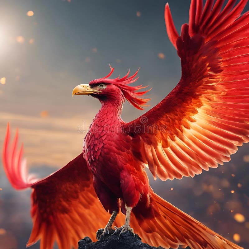 AI-generated Illustration of a Red Phoenix with Wings Spread Flying in ...