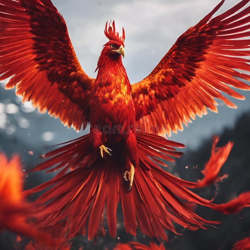AI-generated Illustration of a Red Phoenix with Wings Spread Flying in ...