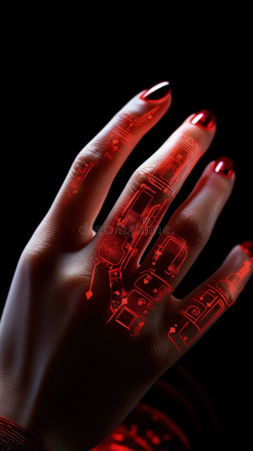 AI Generated Illustration of a Red Robotic Hand Against a Stark Black ...