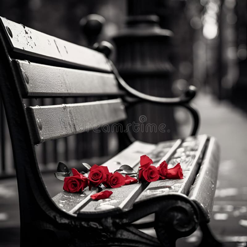AI Generated Illustration of Red Roses on a Bench in Grayscale Stock ...