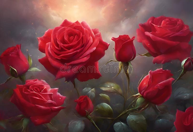 AI Generated Illustration of Red Roses Illuminated by Moonlight with a ...