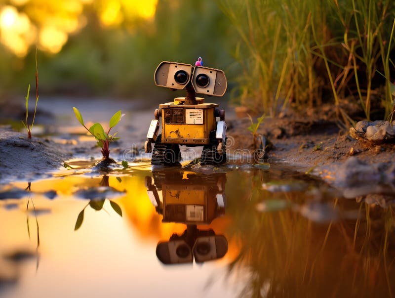 AI Generated Illustration of the Reflection of a Robot in a Puddle ...