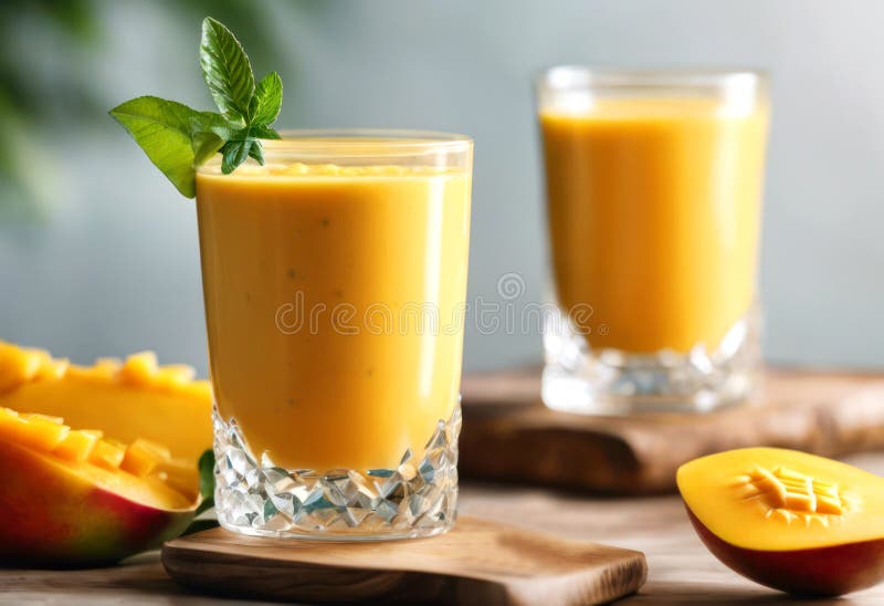 The Smoothie in the Shot Shows Mango, Mint and Two Small Glasses Stock ...