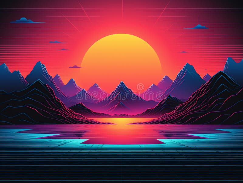 Mountains Seaside Sunset with Retro Wave Style Stock Illustration ...