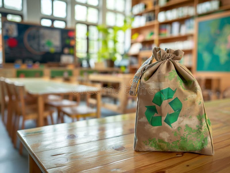 AI Generated Illustration of a Reusable Eco-friendly Lunch Bag with a Green Design on a School ...