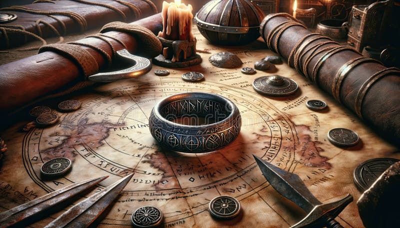 AI-generated Illustration of a Ring on an Ancient Map Surrounded by ...