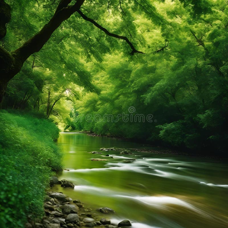 AI Generated Illustration of a River Flowing Under a Tree in a Sunny ...